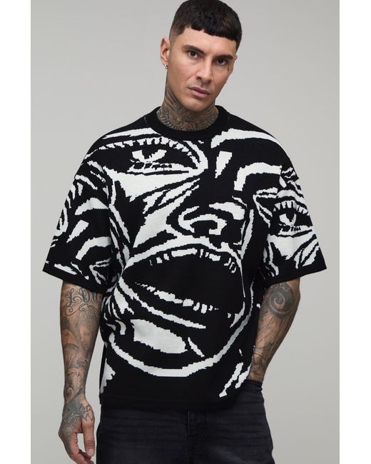 BoohooMAN Tall Oversized Jacquard Abstract Face Knitted T-Shirt in Grey ...