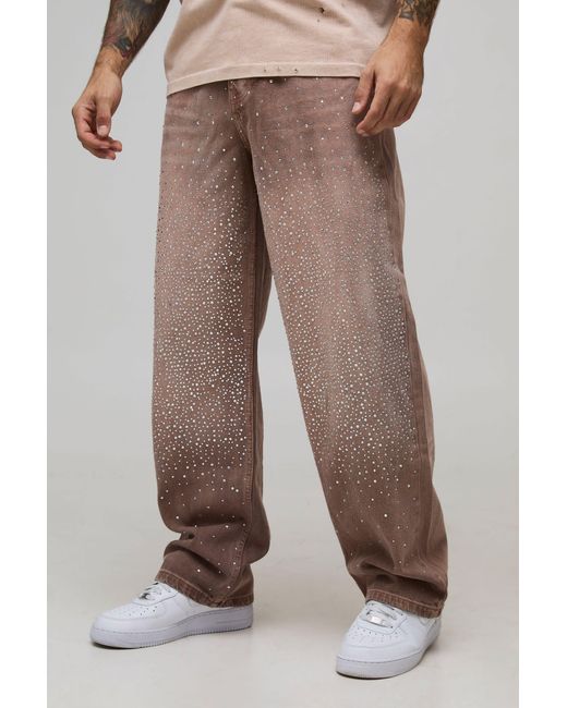 BoohooMAN Relaxed Fit Overdyed Rhinestone Denim Jeans in Brown for Men ...