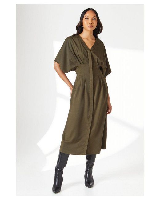 PRINCIPLES Pleat Waist Detail Crepe Midi Dress in Green | Lyst UK