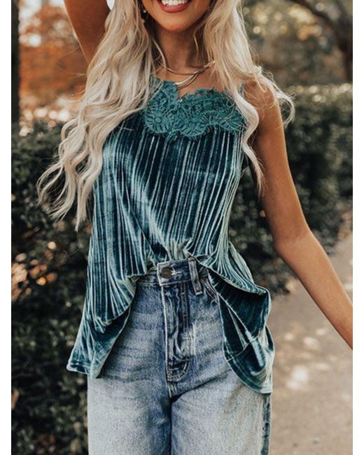 Everyday the Label Velvet Lace Trim Tank in Blue | Lyst UK