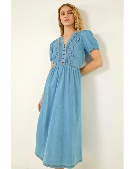 Roman Cotton Crochet Trim Dress in Blue | Lyst UK