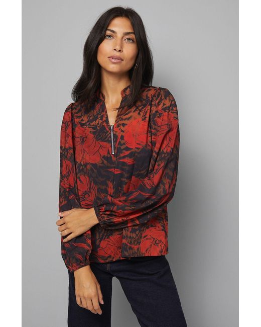 Wallis Floral Collarless Zip Blouse in Red | Lyst UK
