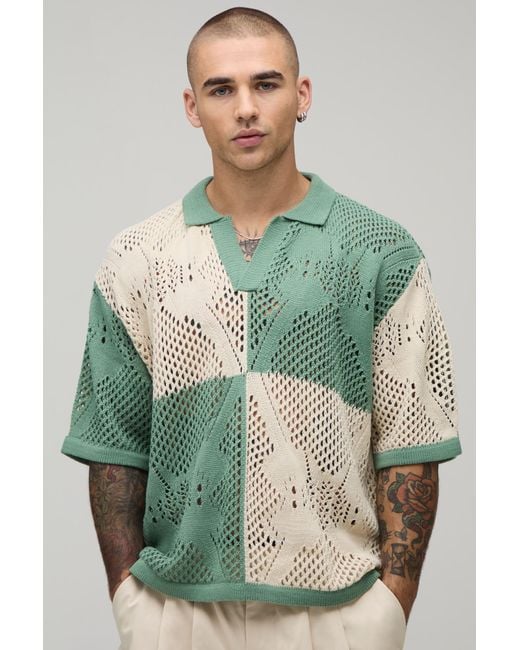 BoohooMAN Oversized Boxy Open Stitch Crochet Knitted Polo in Green for ...