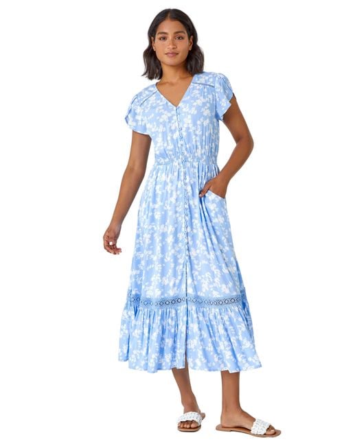 Roman Floral Lace Detail Midi Dress in Blue | Lyst UK