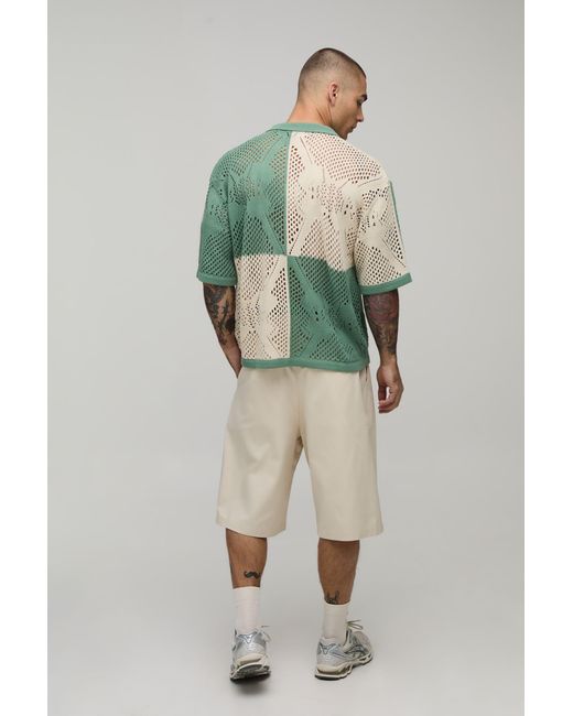 BoohooMAN Oversized Boxy Open Stitch Crochet Knitted Polo in Green for ...