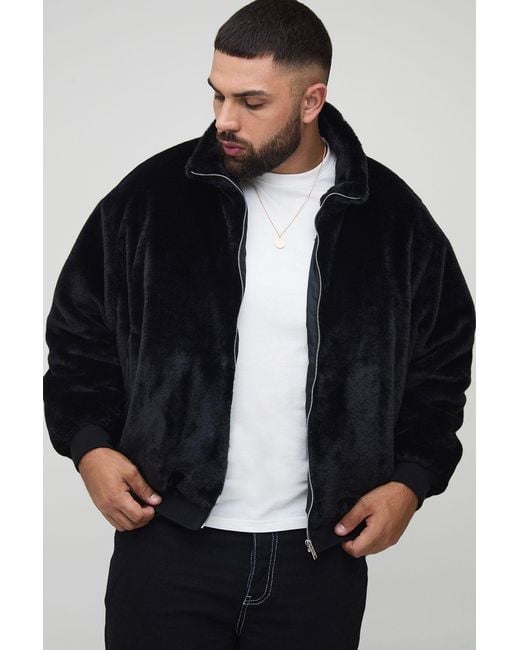 BoohooMAN Plus Faux Fur Funnel Neck Regular Fit Bomber Jacket in Black ...