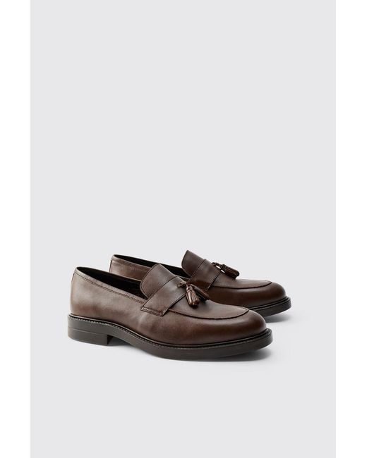 BoohooMAN Real Leather Tassel Loafer Shoes in Brown for Men | Lyst UK