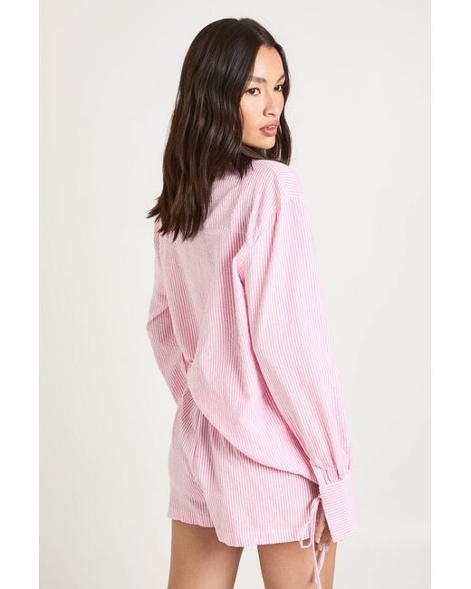 Boohoo Crinkle Stripe Tie Cuff Shirt And Short Co-Ord in Pink | Lyst UK