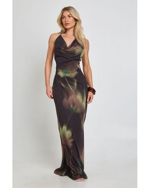 Boohoo Blurred Floral Print Stretch Chiffon Drape Halterneck Maxi Dress ...