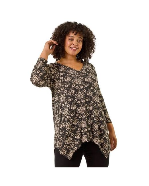Roman Curve Floral V-Neck Stretch Top in Black | Lyst UK