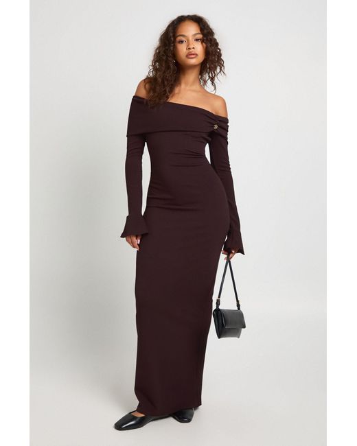 Boohoo Rib Button Detail Bardot Maxi Dress in Brown | Lyst UK