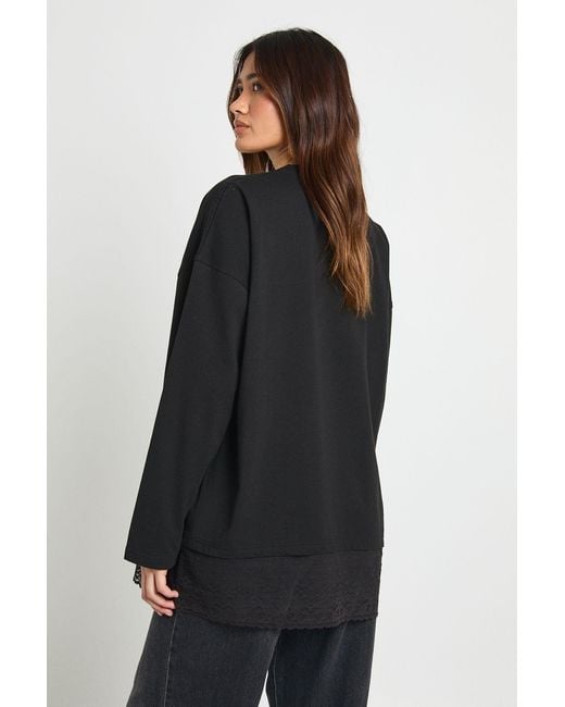 Boohoo Long Sleeve T-Shirt With Lace Hem Trim in Black | Lyst UK