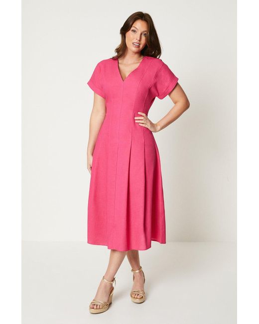 PRINCIPLES Linen Blend Pleat Detail Midi Dress in Pink | Lyst UK