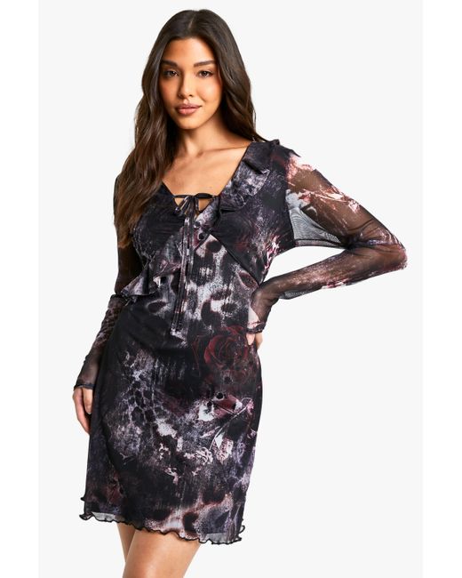 Boohoo Abstract Mesh Slare Sleeve Mini Dress in Black | Lyst UK