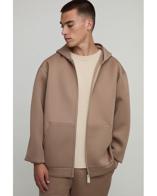 BoohooMAN Oversized Bonded Scuba Zip Through Hoodie in Brown for Men ...