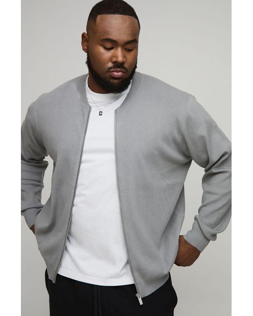 BoohooMAN Plus Basic Regular Fit Knitted Bomber Jacket in Grey for Men ...
