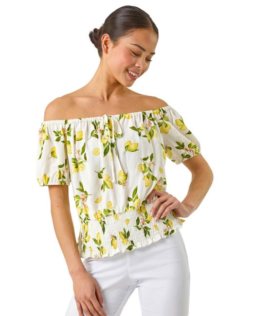 Roman Petite Lemon Print Bardot Blouson Top in Grey | Lyst UK