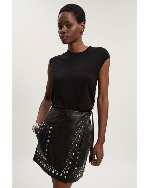 Karen Millen Studded Leather Wrap Mini Skirt in Black | Lyst UK