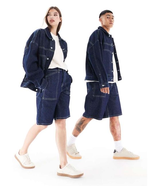 ASOS Long Length Denim Jorts With Contrast Stitching in Blue | Lyst UK