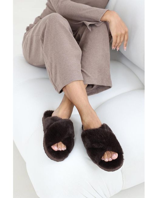 Where's That From Wheres 'Ciara' Faux Fur Cross Over Strap Slippers in ...