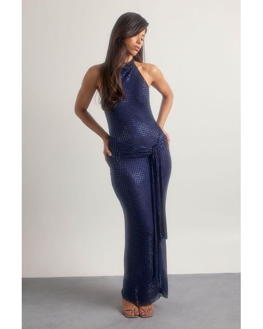 Boohoo Premium Hot Fix Sheer Tie Front Maxi Dress in Blue | Lyst UK