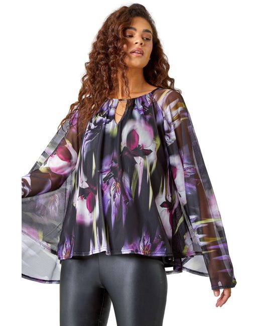 Roman Floral Print Mesh Stretch Top in Purple | Lyst UK