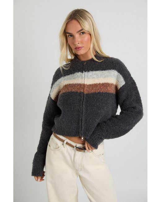 Boohoo Boucle Knit Stripe Zip Through Jumper | Lyst UK