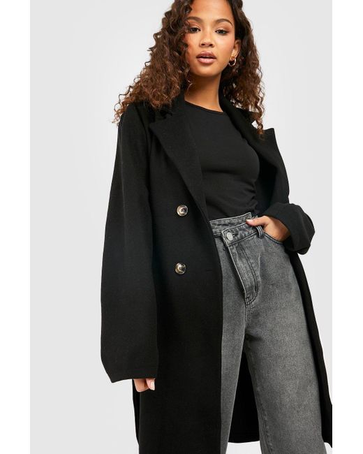 Boohoo Belted Double Breasted Wool Look Coat in Black | Lyst UK
