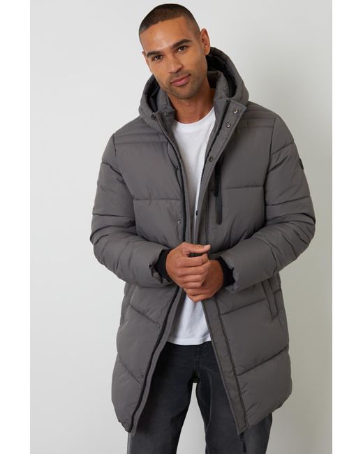 Threadbare Showerproof Hooded Longline Puffer Jacket in Grey for Men ...