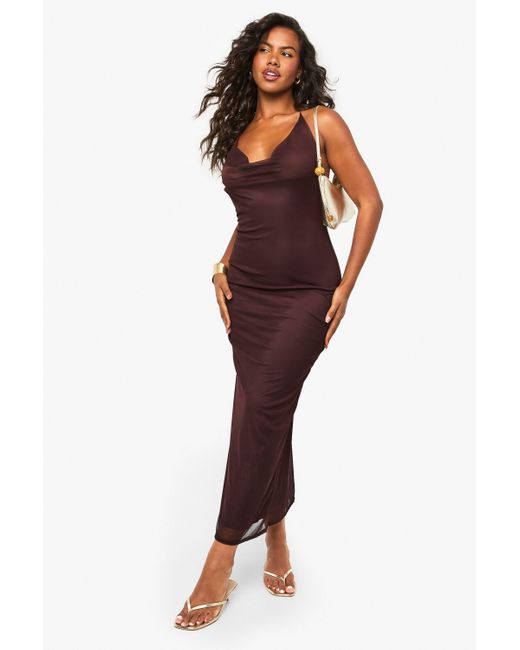 Boohoo Mesh Cowl Maxi Dress in Red | Lyst UK