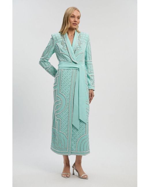 Karen Millen Crystal Embellished Woven Maxi Blazer Dress in Green | Lyst UK