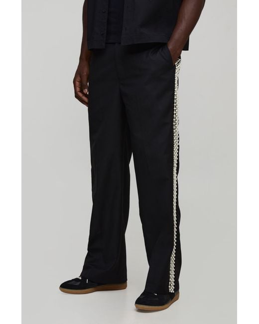 BoohooMAN Pearl Trim Half And Waist Crease Front Wide Leg Trouser in ...