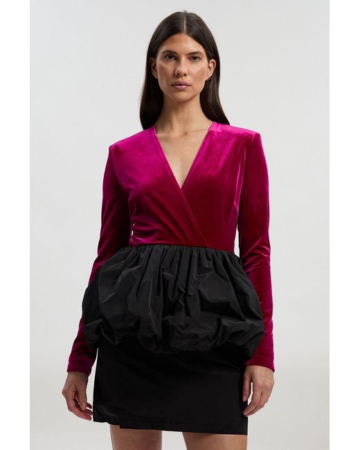 Karen Millen Velvet Plunge Neck Taffeta Peplum Long Sleeve Mini Dress ...