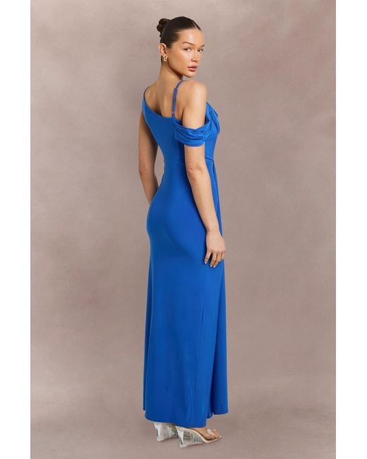Boohoo Double Layer Slinky Drape Front Cold Shoulder Maxi Dress in Blue ...