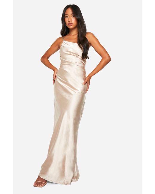 Boohoo Bridesmaid Satin Asymmetric Maxi Dress in White | Lyst UK