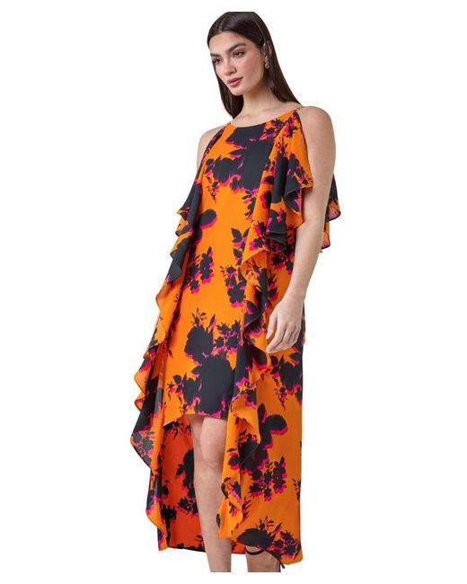 Ariella Floral Chiffon Ruffle Detail Midi Dress in Orange | Lyst UK
