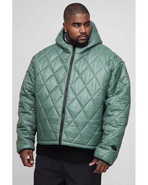 BoohooMAN Plus Oversized Boxy High Shine Quilted Hooded Funnel Puffer ...