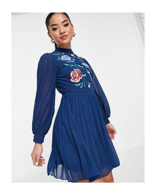 Asos Design High Neck Pleated Long Sleeve Skater Mini Dress With