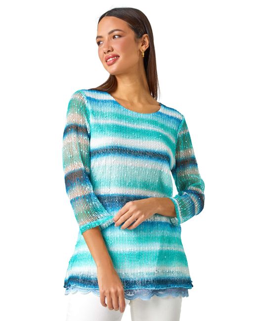 Roman Lace Trim Stripe Mesh Overlay Top in Blue | Lyst UK