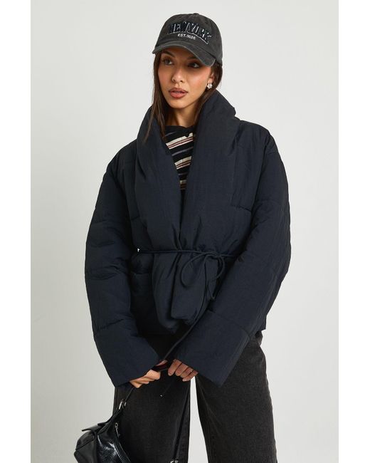 Boohoo Tie Detail Short Puffer Coat in Blue | Lyst UK