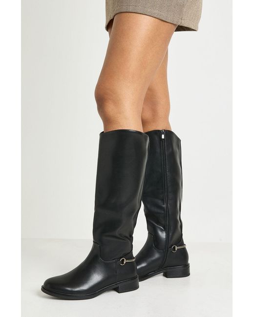 Boohoo Chunky Hardware Detail Knee High Flat Boots in Black | Lyst UK