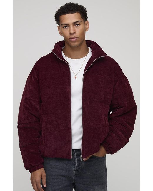 BoohooMAN Regular Fit Textured Velvet Funnel Neck Puffer Jacket in ...