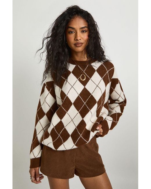 Boohoo Brushed Knit Super Soft Argyle Jumper in Brown | Lyst UK