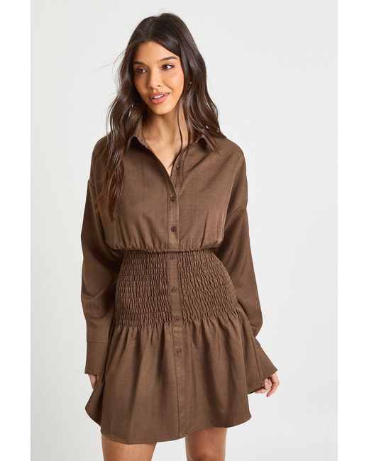 Boohoo Textured Shirred Waist Shirt Dress in Brown | Lyst UK