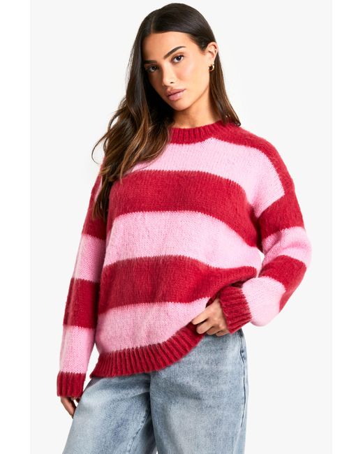 Boohoo Petite Brushed Striped Oversized Knitted Jumper in Red | Lyst UK