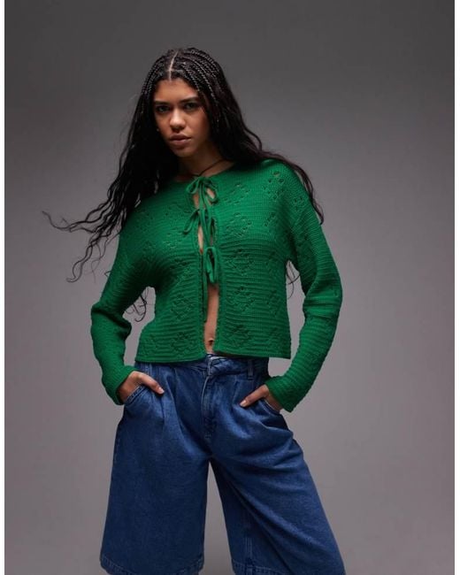 TOPSHOP Knitted Pointelle Tie Cardi in Green | Lyst UK