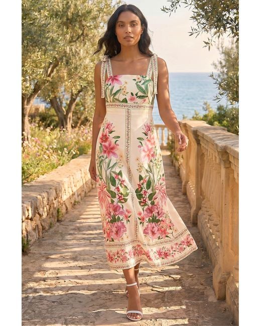 Roman Tropical Print Sequin Midi Dress in Natural | Lyst UK