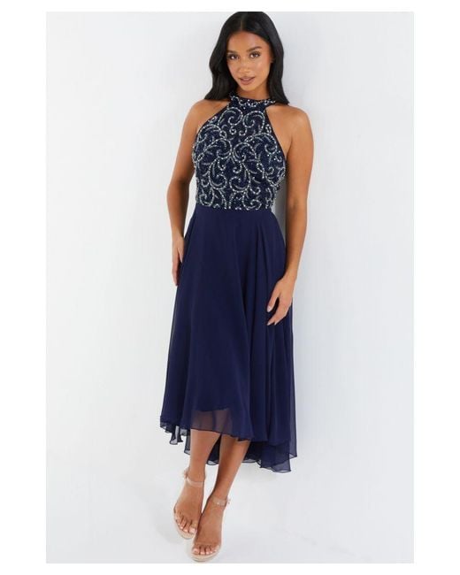 Quiz Petite Navy Sequin Chiffon Halter Neck Midi Dress in Blue | Lyst UK