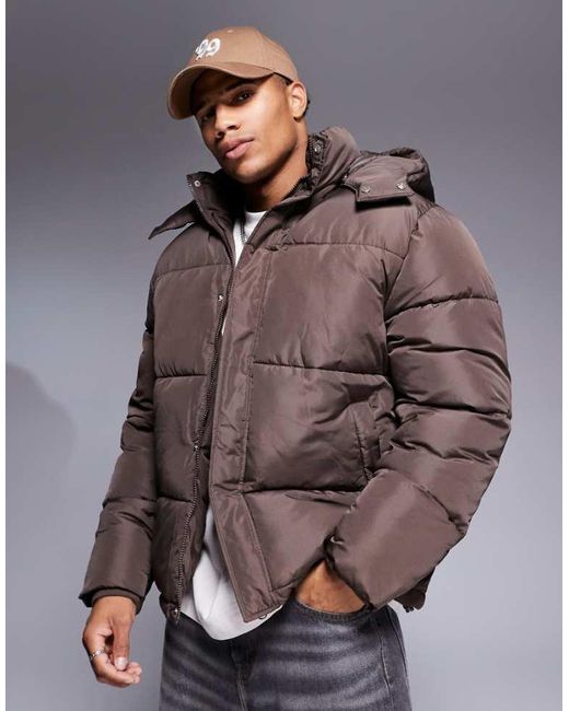 ASOS Puffer Jacket With Detachable Hood in Grey for Men | Lyst UK