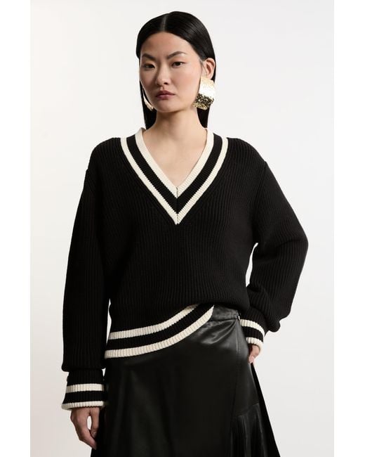 Karen Millen Cotton V Neck Knit Boxy Jumper in Black | Lyst UK